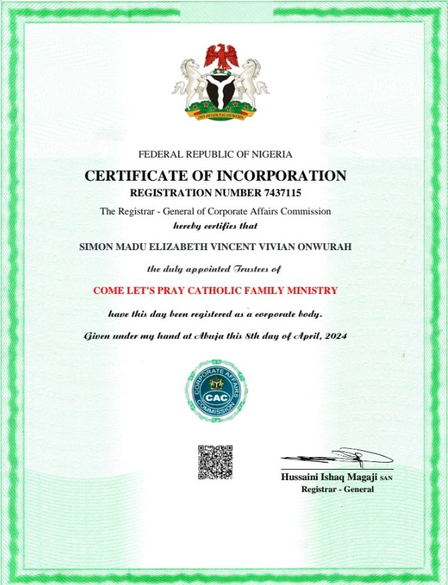 COME LET'S PRAY CERTIFICATE OF INCORPORATION